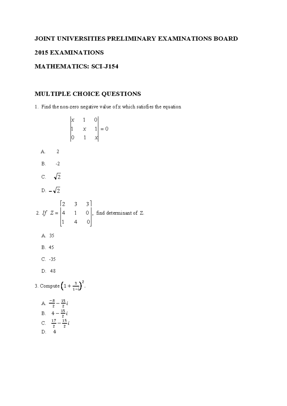 2015 Mathematics-1 Final Exam MCQ & Essay Questions - Studocu