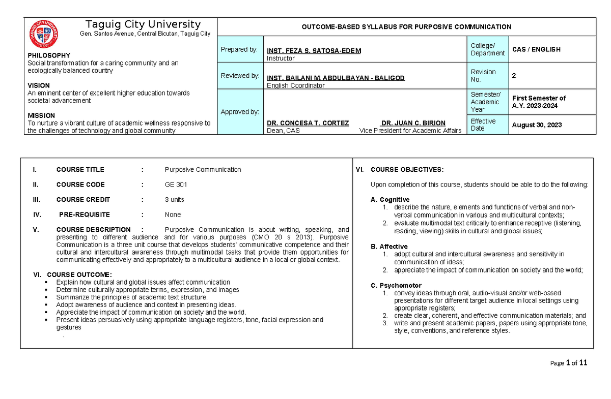 GE 301 Purposive Communication Syllabus - A.Y. 2023-2024 - Studocu
