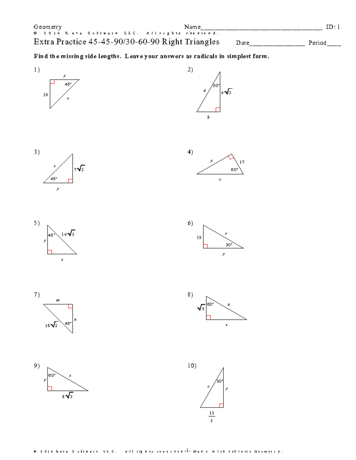 Geometry G2N0C1c6J Extra Practice: 45-45-90 & 30-60-90 Triangles - Studocu