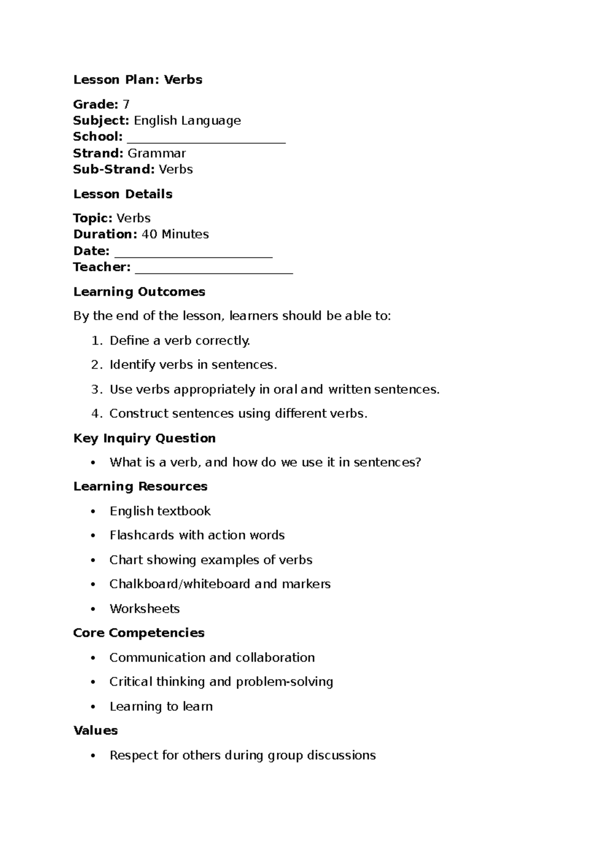 Lesson Plan: Verbs for Grade 7 - English Language (Revision) - Studocu