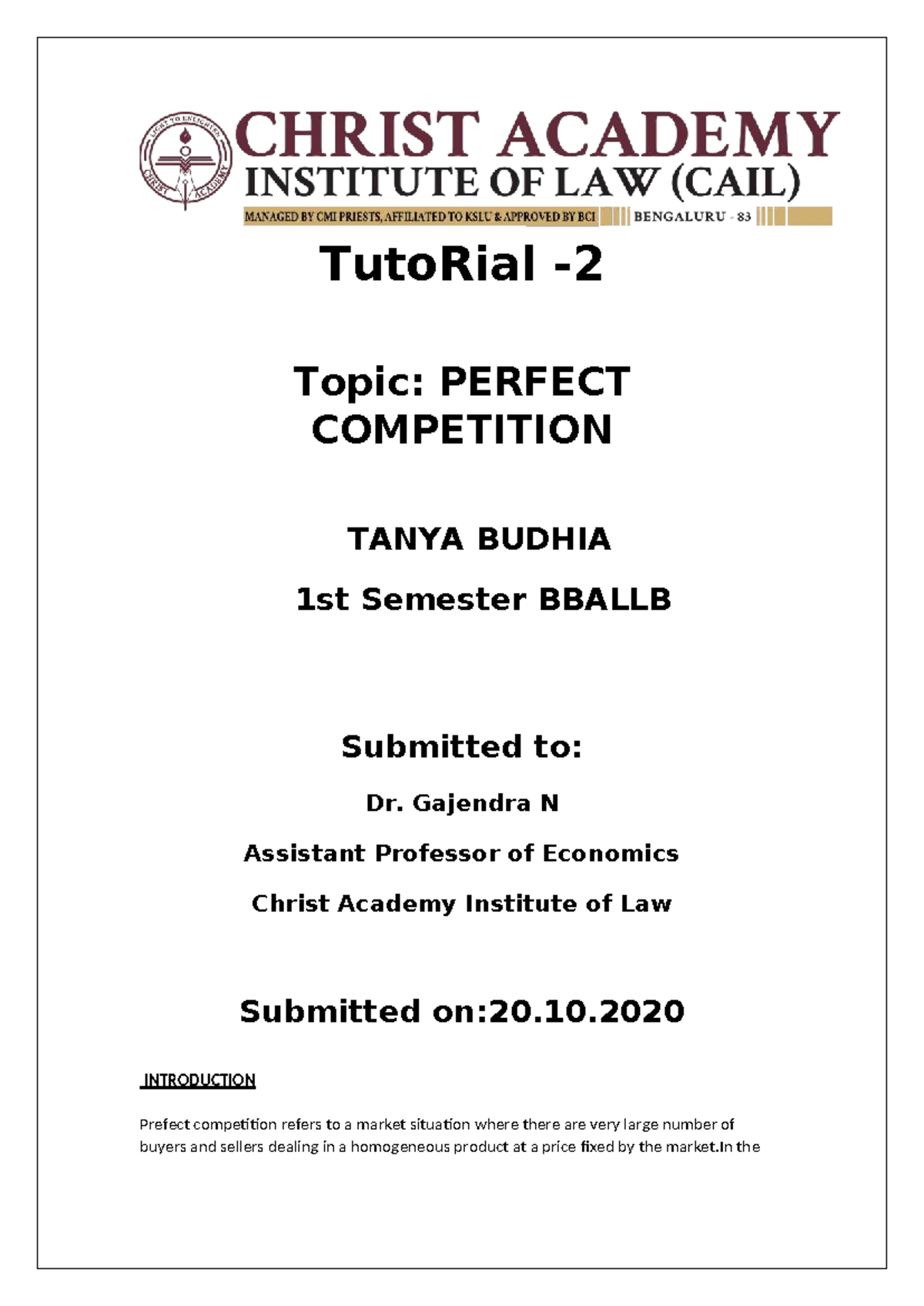 BBALLB 1st Sem: Economics Tutorial on Perfect Competition - Studocu