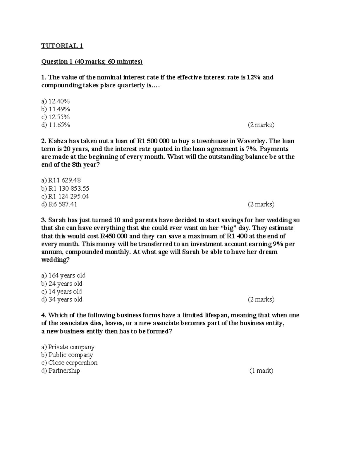 Tutorial Questions LU1-LU3: Interest Rates & Financial Concepts - Studocu
