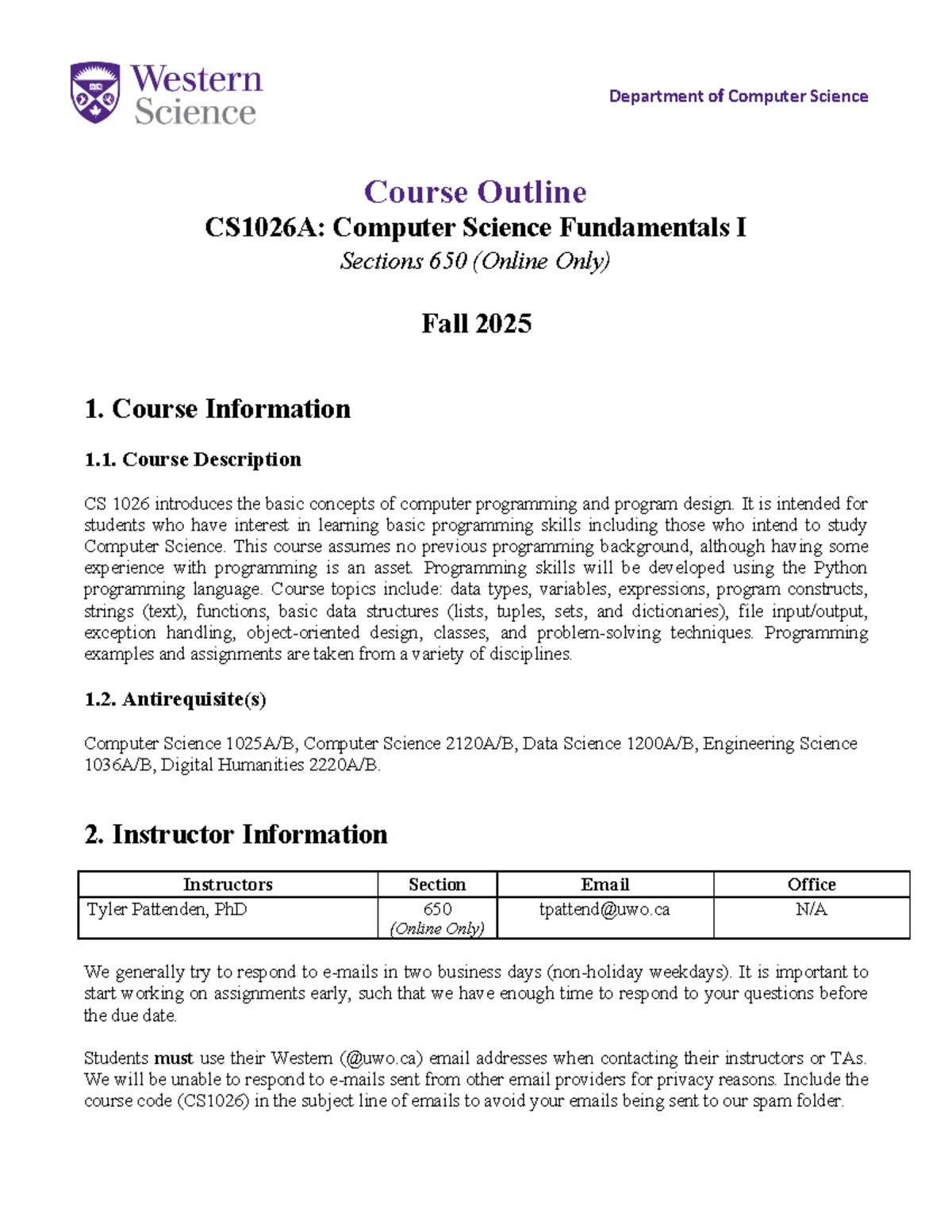 CS1026A: Computer Science Fundamentals I Course Outline (Fall 2025 ...
