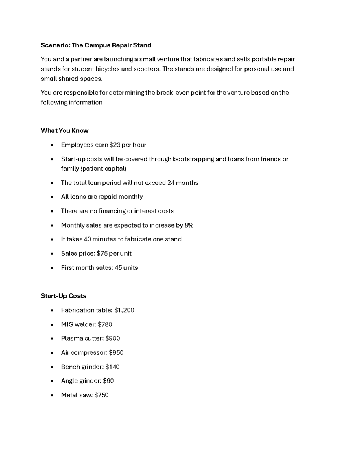 Break-Even Analysis for Campus Repair Stand Venture - Studocu