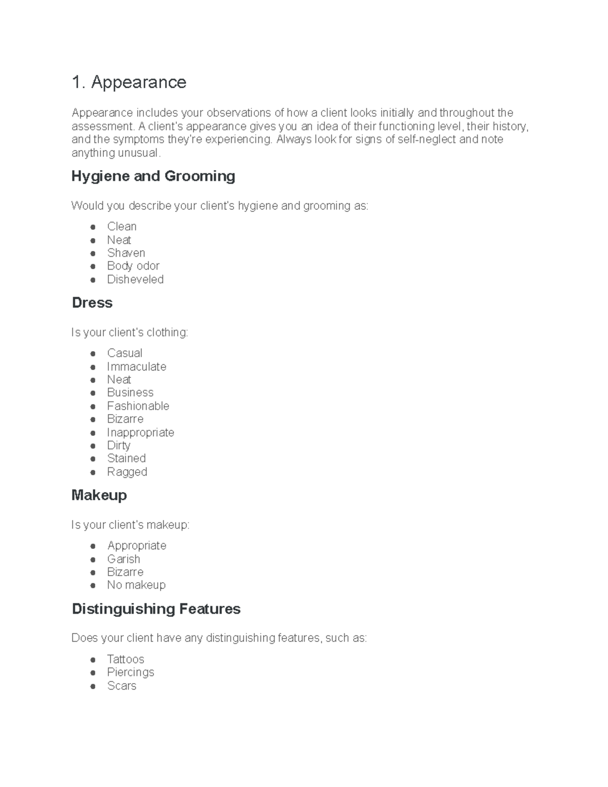 Mental health assessment - 1. Appearance Appearance includes your ...