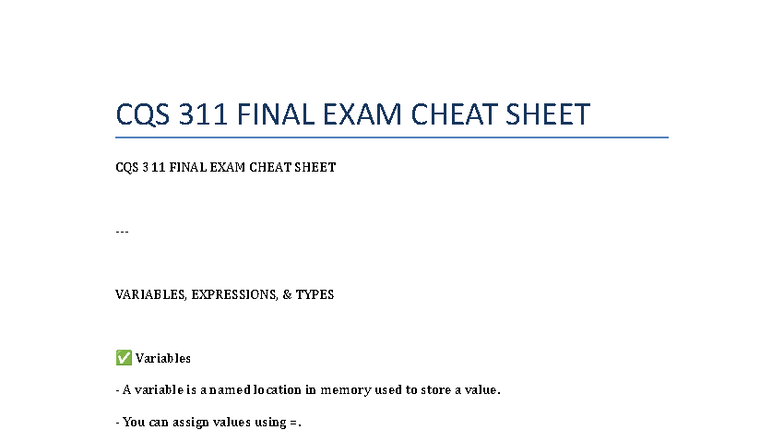CQS 311 FINAL EXAM CHEAT SHEET: VARIABLES & EXPRESSIONS - Studocu
