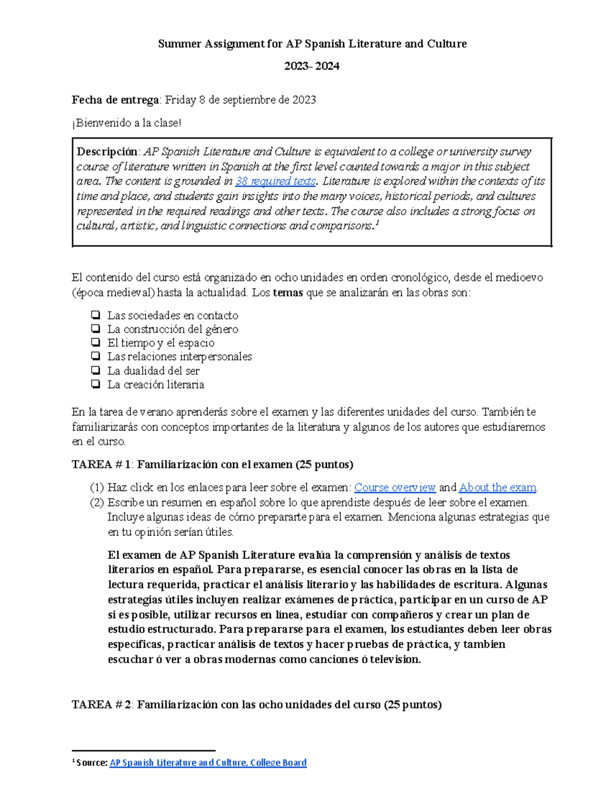 AP Spanish Literature - Summer Assignment 2023-2024 Guidelines - Studocu