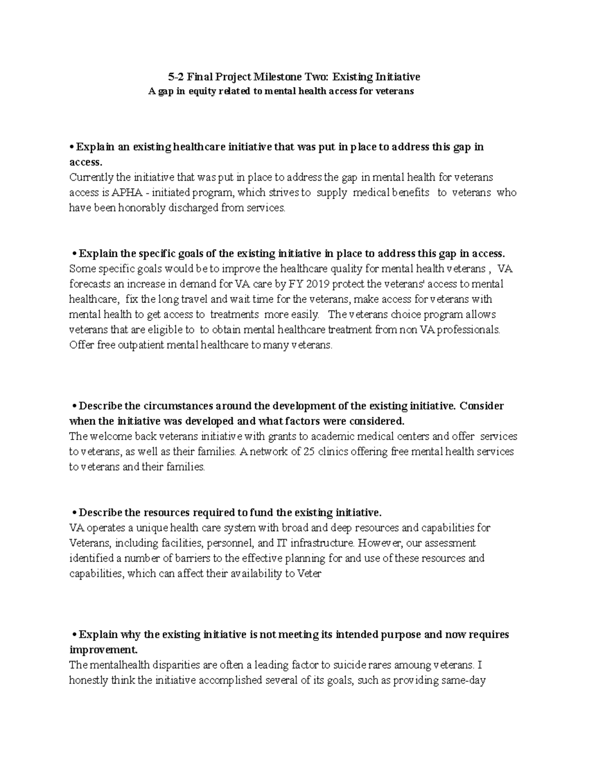 Healthcare Delivery 5-2 Final Project Milestone: Veteran Mental Health ...