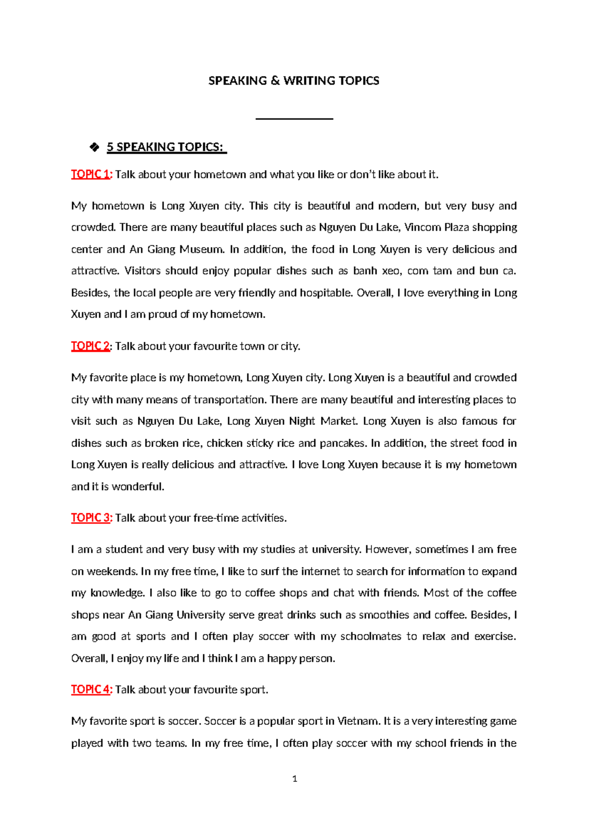 TA1 - Speaking and Writing Topics: Hometown, Activities, and More - Studocu