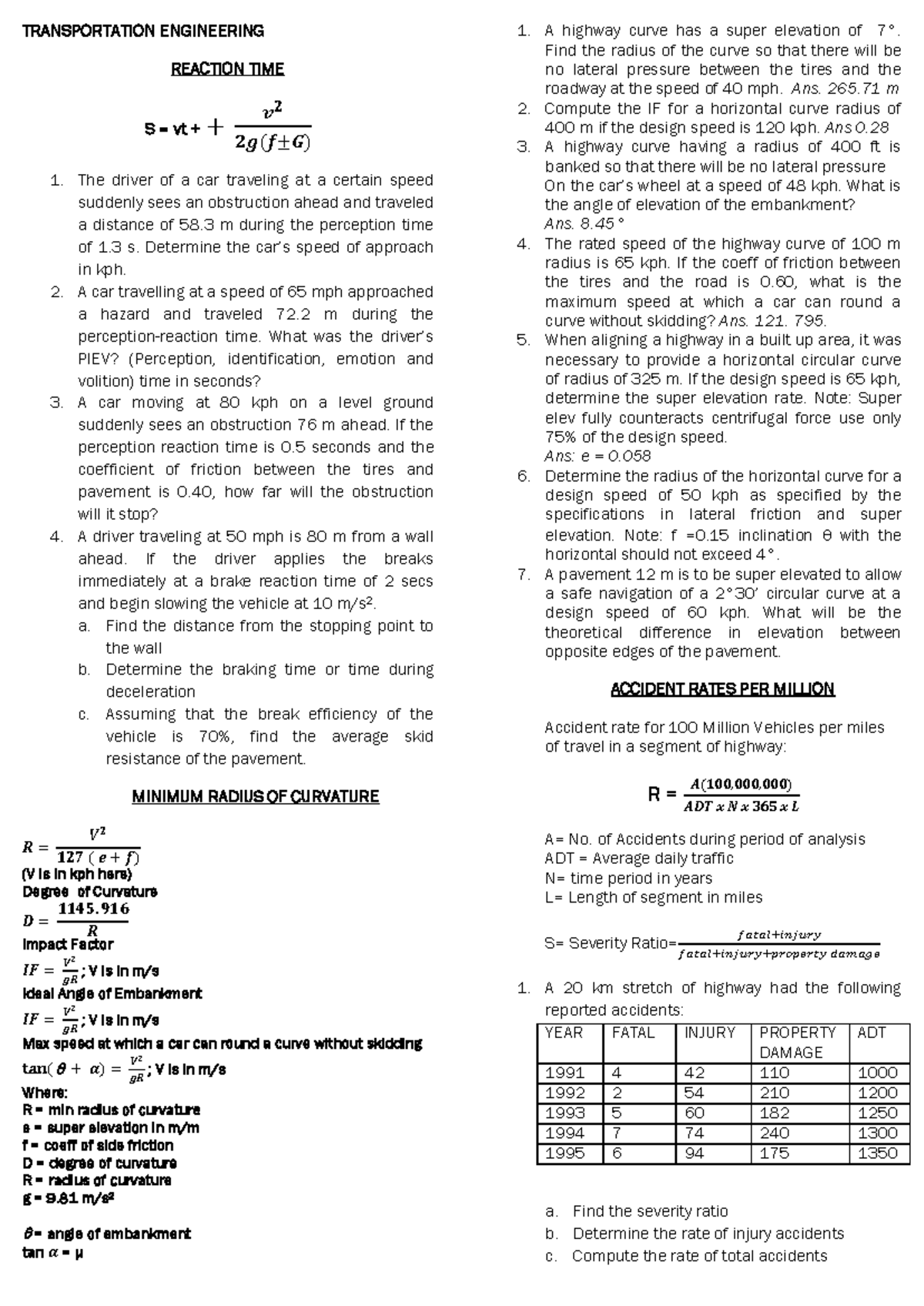 Handout 12 compress - TRANSPORTATION ENGINEERING REACTION TIME S = vt ...
