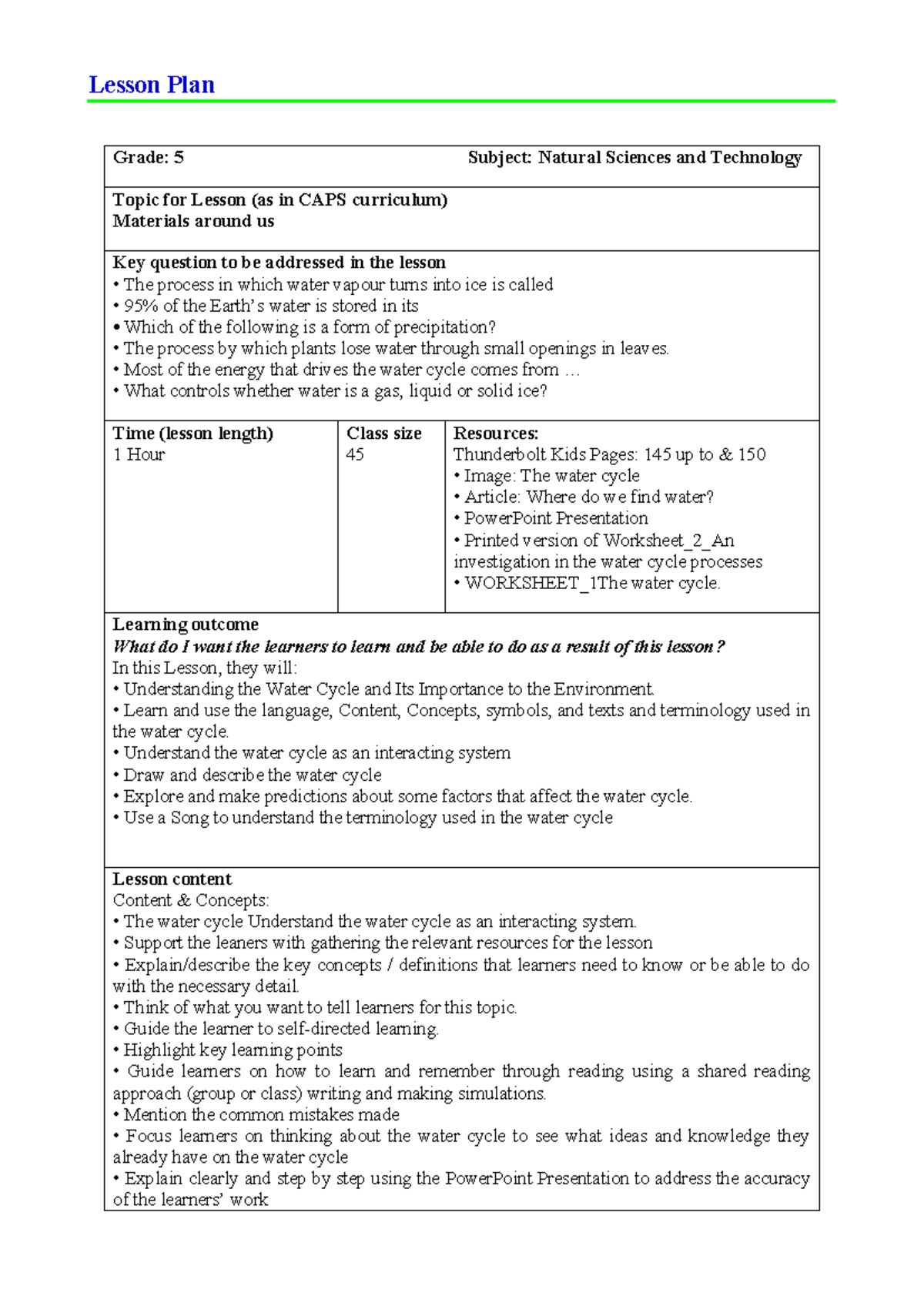 Lesson Plan 2: Natural Sciences & Tech - Water Cycle for Grade 5 - Studocu