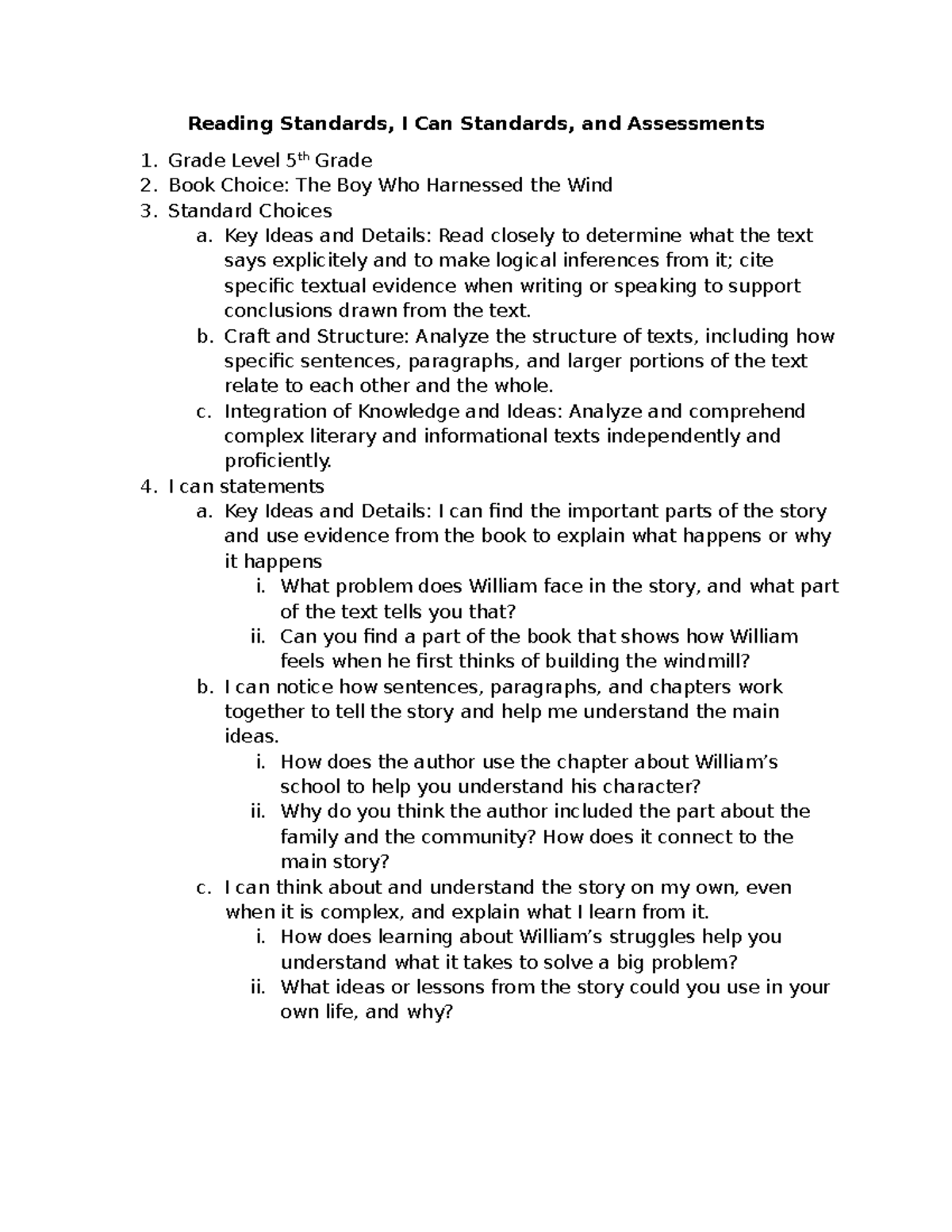 5th Grade Reading Standards & "I Can" Statements for Assessment - Studocu