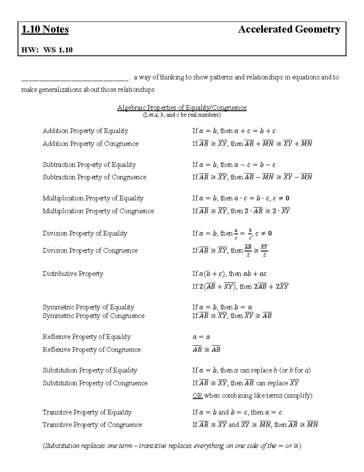 Algebraic Properties of Equality & Congruence - Accelerated Geometry ...