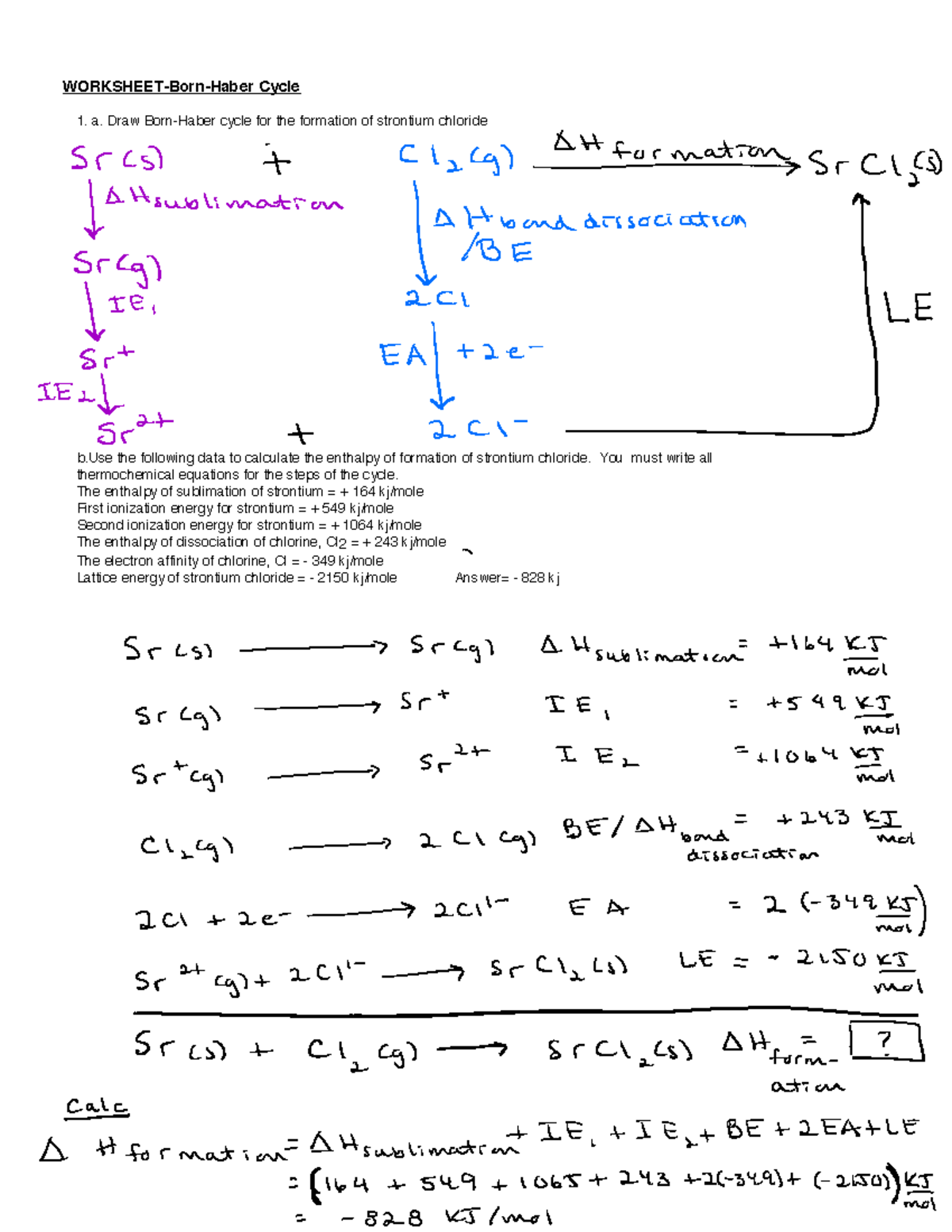 Worksheet: Born-Haber Cycle Analysis & Enthalpy Calculations - Studocu