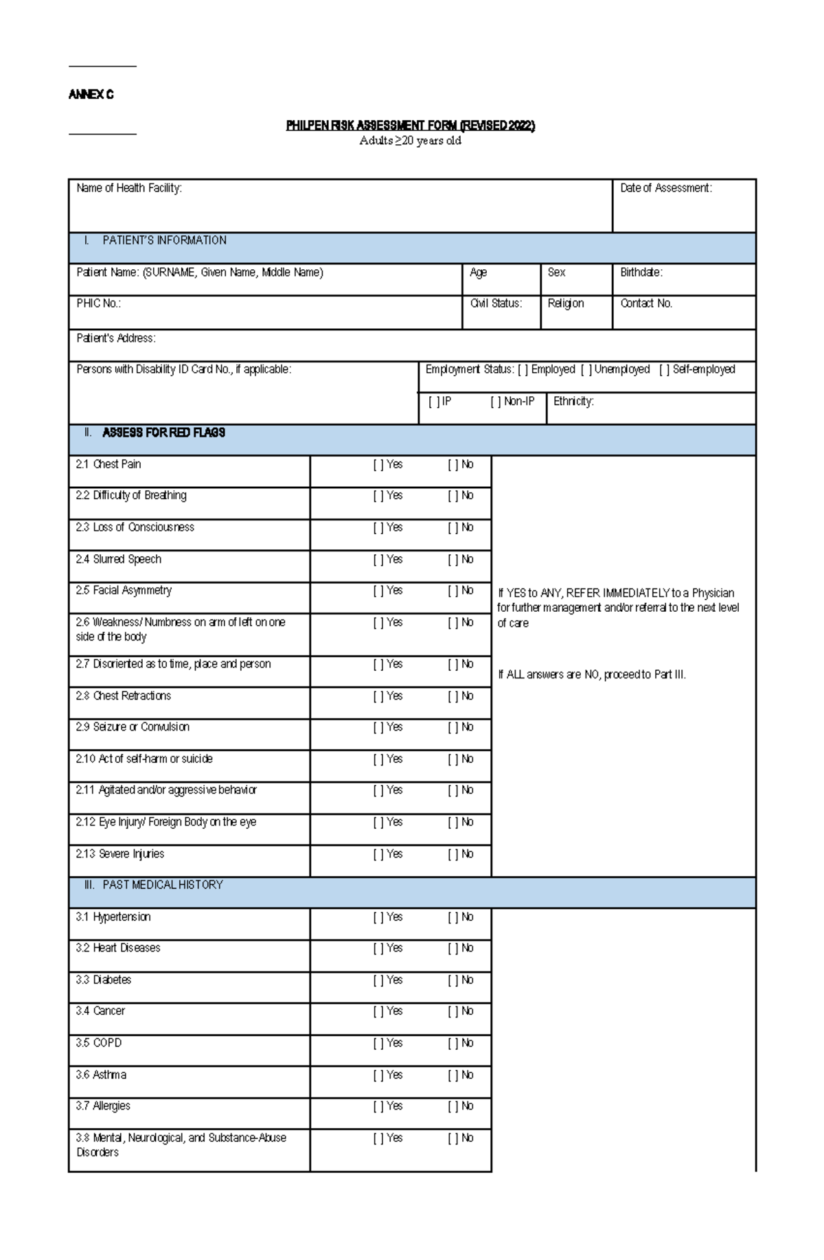 PHILPEN Risk Assessment Form: Guidelines for Patient Evaluation - Studocu