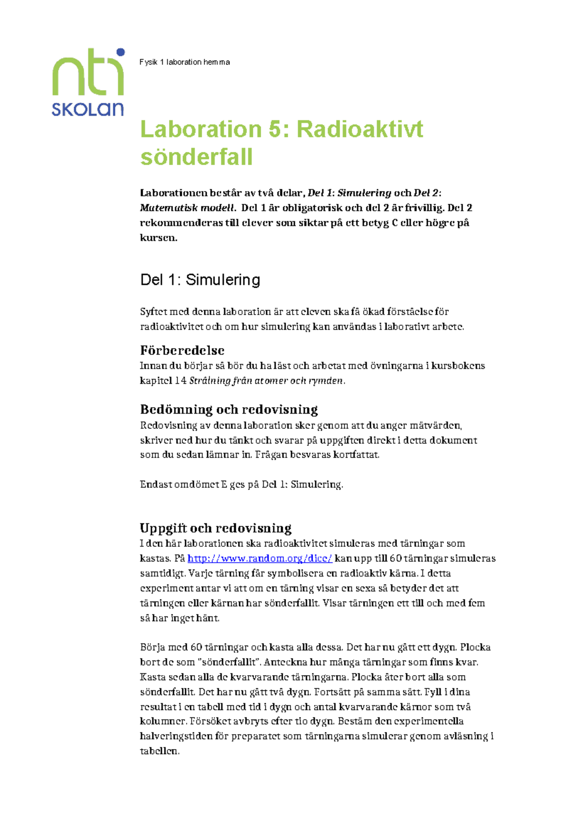 Laboration 5: Radioaktivt Sönderfall och Matematisk Modell i Fysik 1 ...