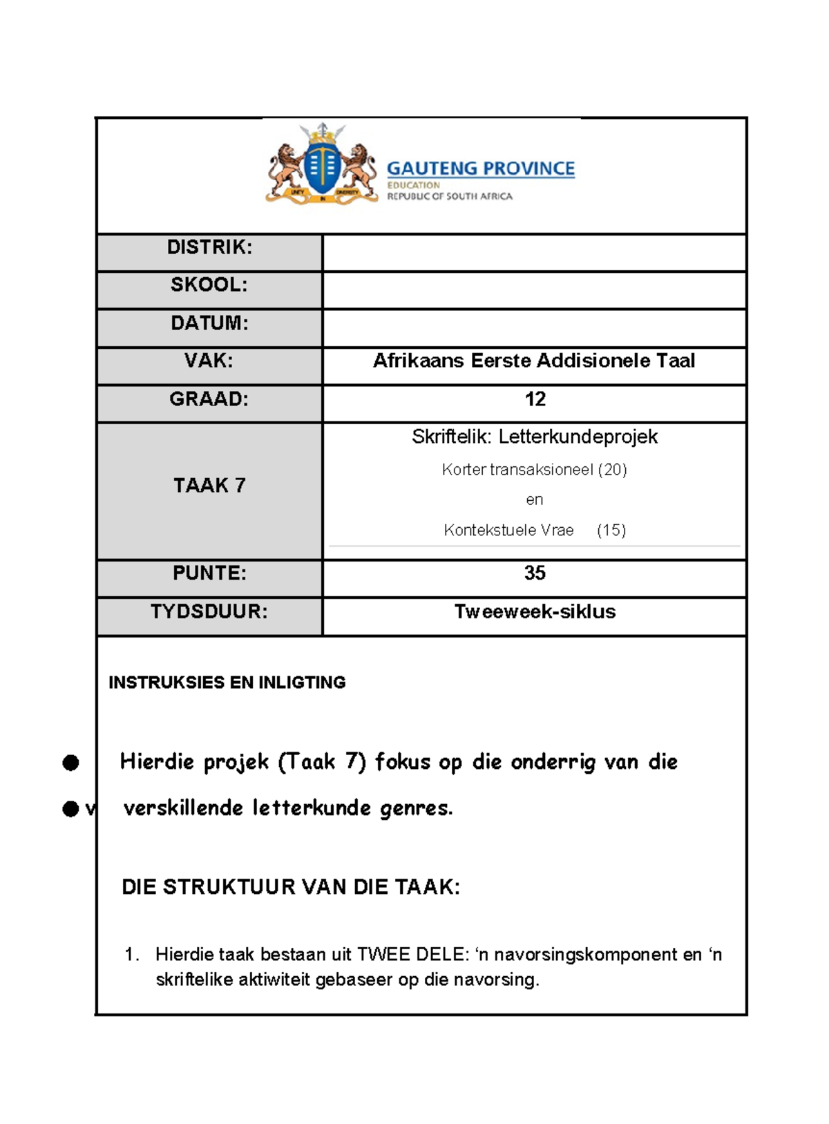 Letterkunde Taak 7: Graad 12 EAT Literatuurprojek 2024 - Studocu