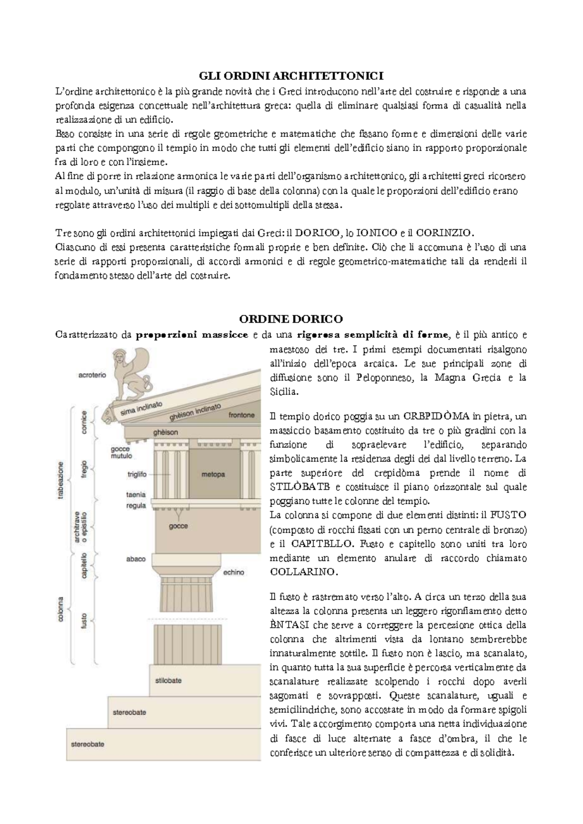 GLI ORDINI ARCHITETTONICI: DORICO, IONICO E CORINZIO - Studocu