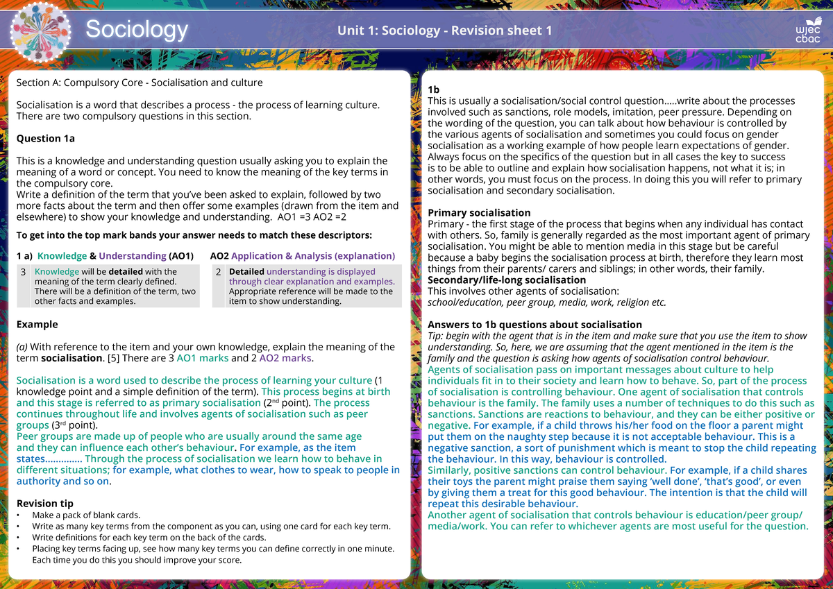 WJEC Sociology Unit 1: Core Socialisation Revision Notes - Studocu