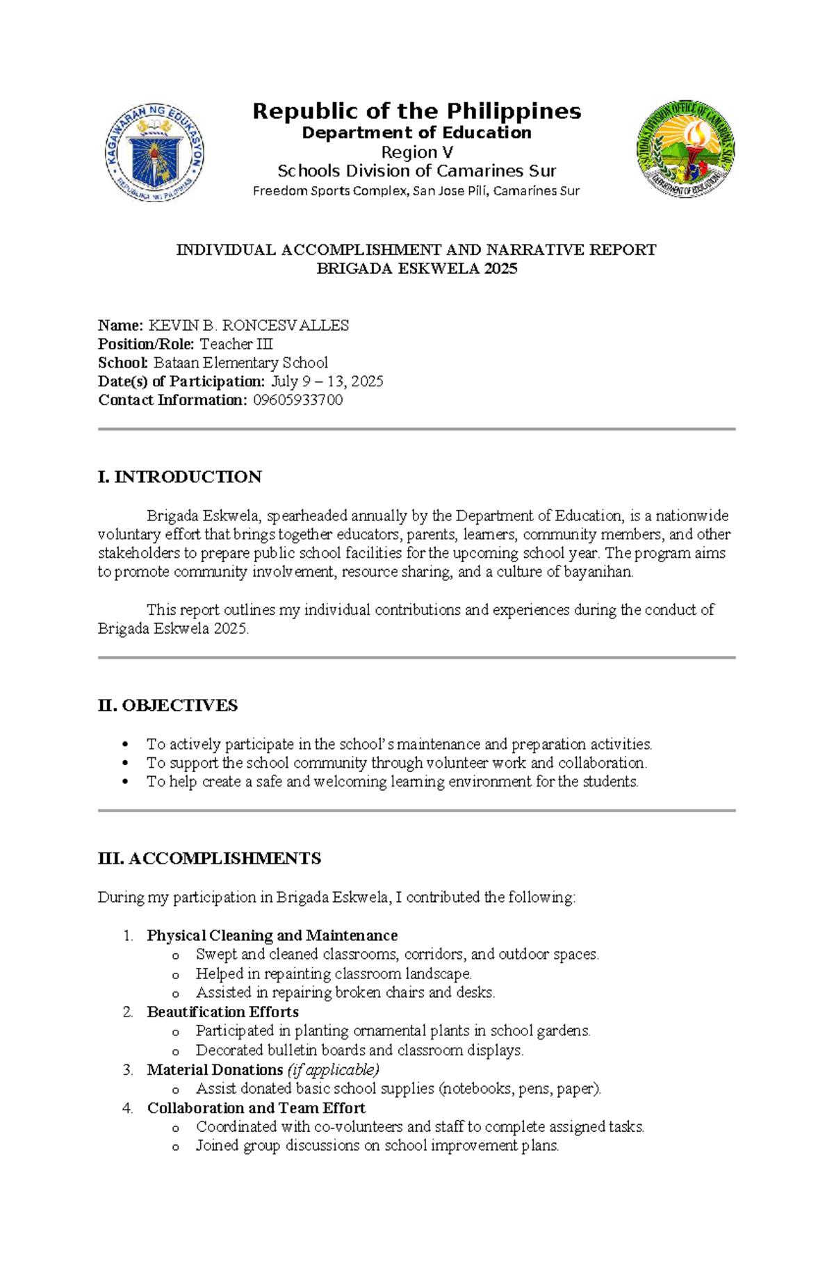 Brigada Eskwela 2025 Accomplishment Report by KEVIN B. RONCESVALLES - Studocu