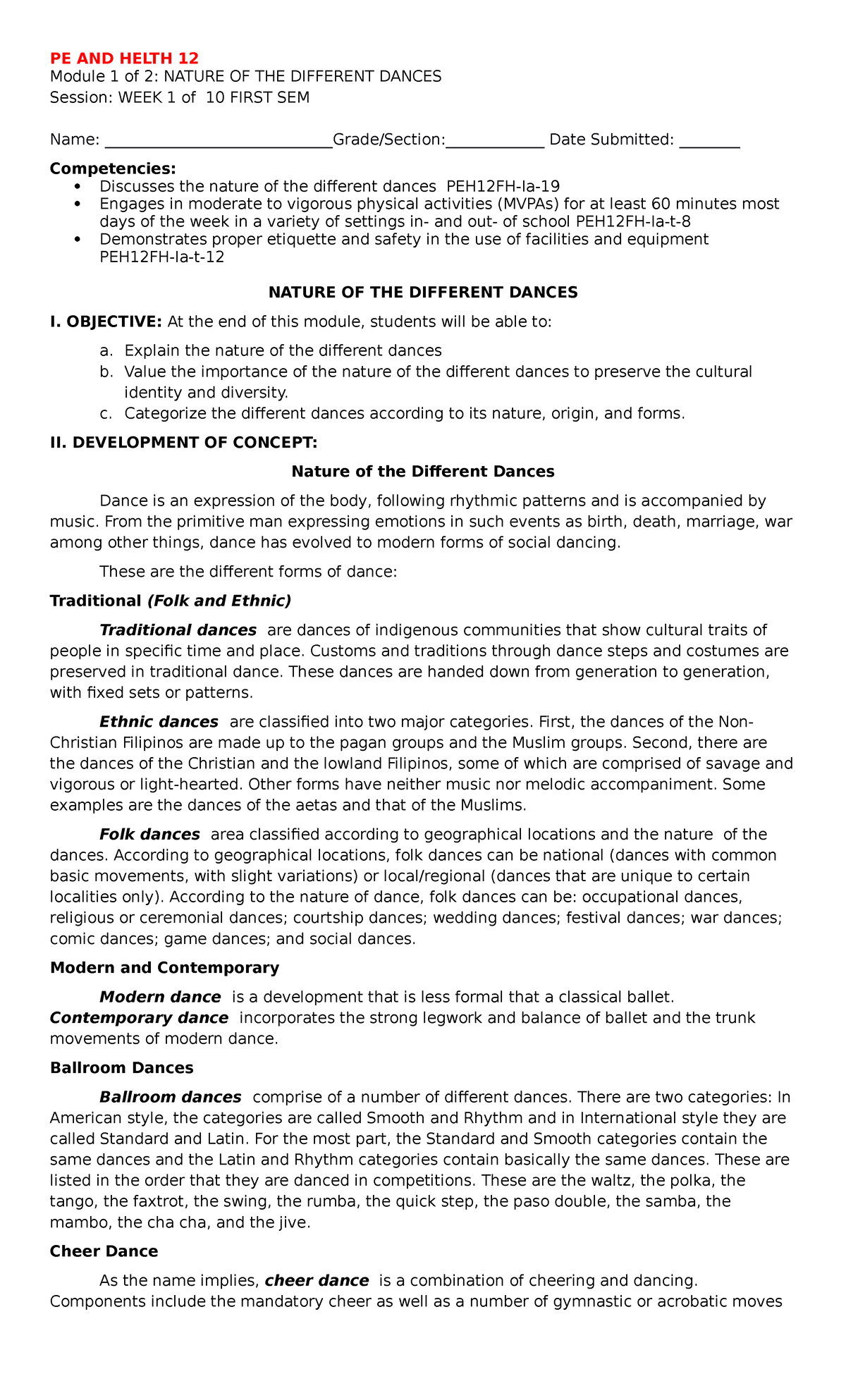 PE AND Health 12: Module 1 - Week 1 Dances Overview and Insights - Studocu