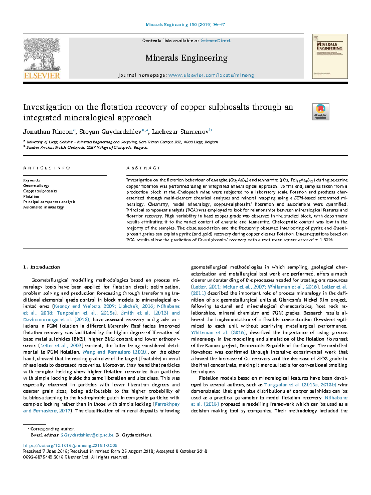 Investigation of Cu Sulphosalts Flotation Recovery in Minerals Eng. 130 ...
