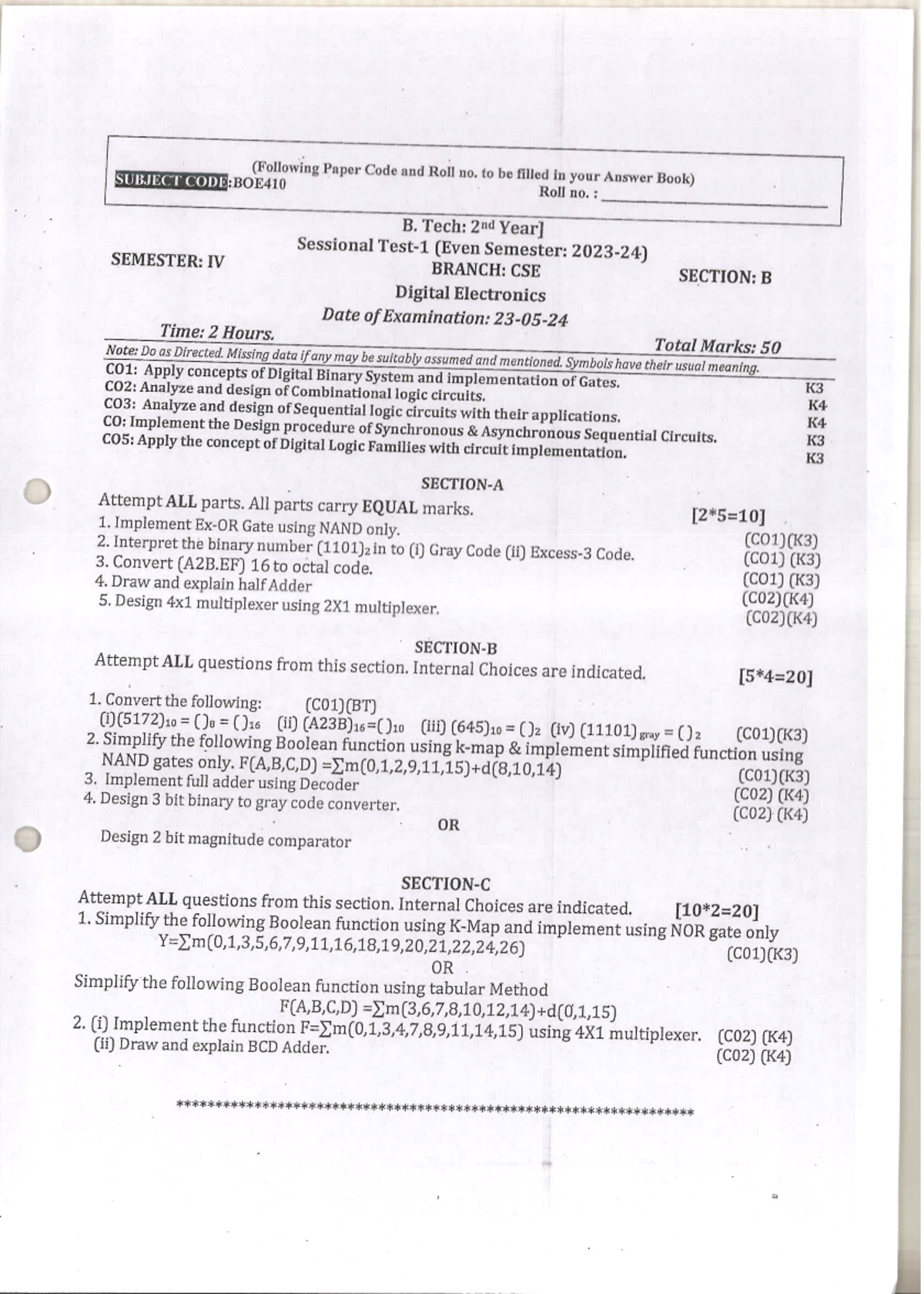 BOE410 Digital Electronics Midterm Exam Guide SEM-IV CSE 2023-24 - Studocu
