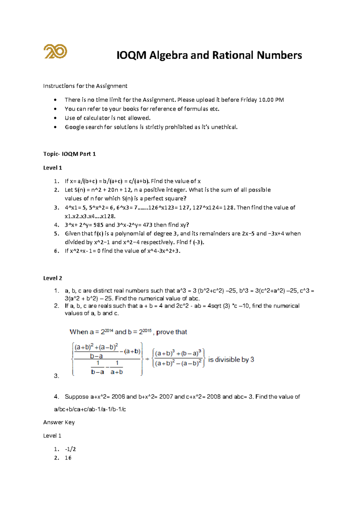 IOQM Class 8 May 2024 Algebra Practise Questions - IOQM Algebra and ...