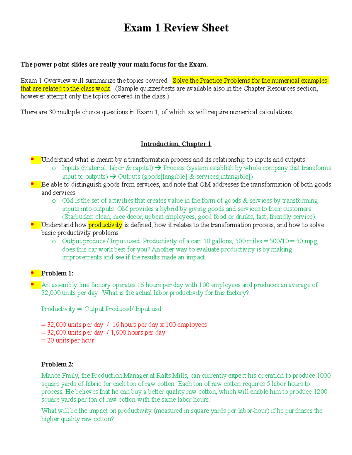 Exam 1 Review Sheet - Exam 1 Review Sheet The power point slides are ...