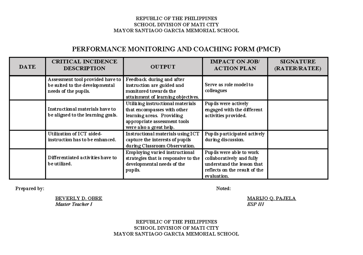 PMCF Assessment & Coaching Strategies - School Division of Mati City ...