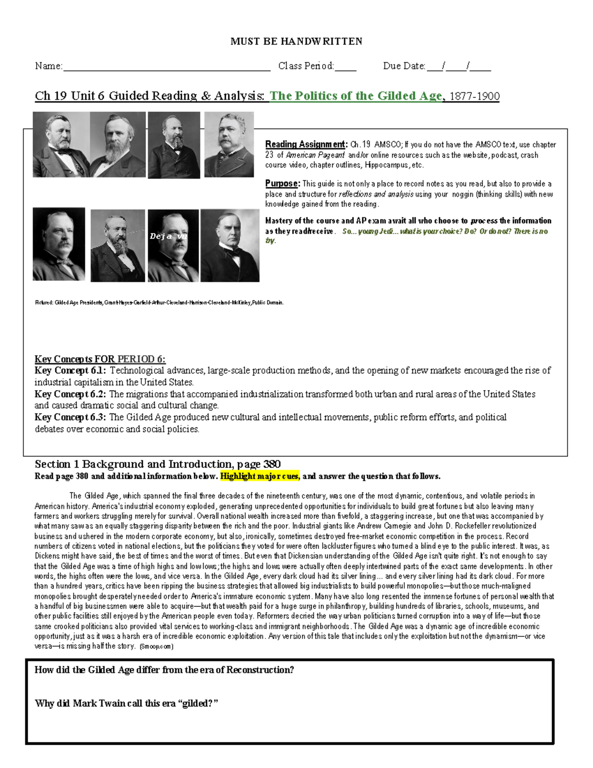 CH19 - Guided Reading & Analysis: The Gilded Age Politics - Studocu