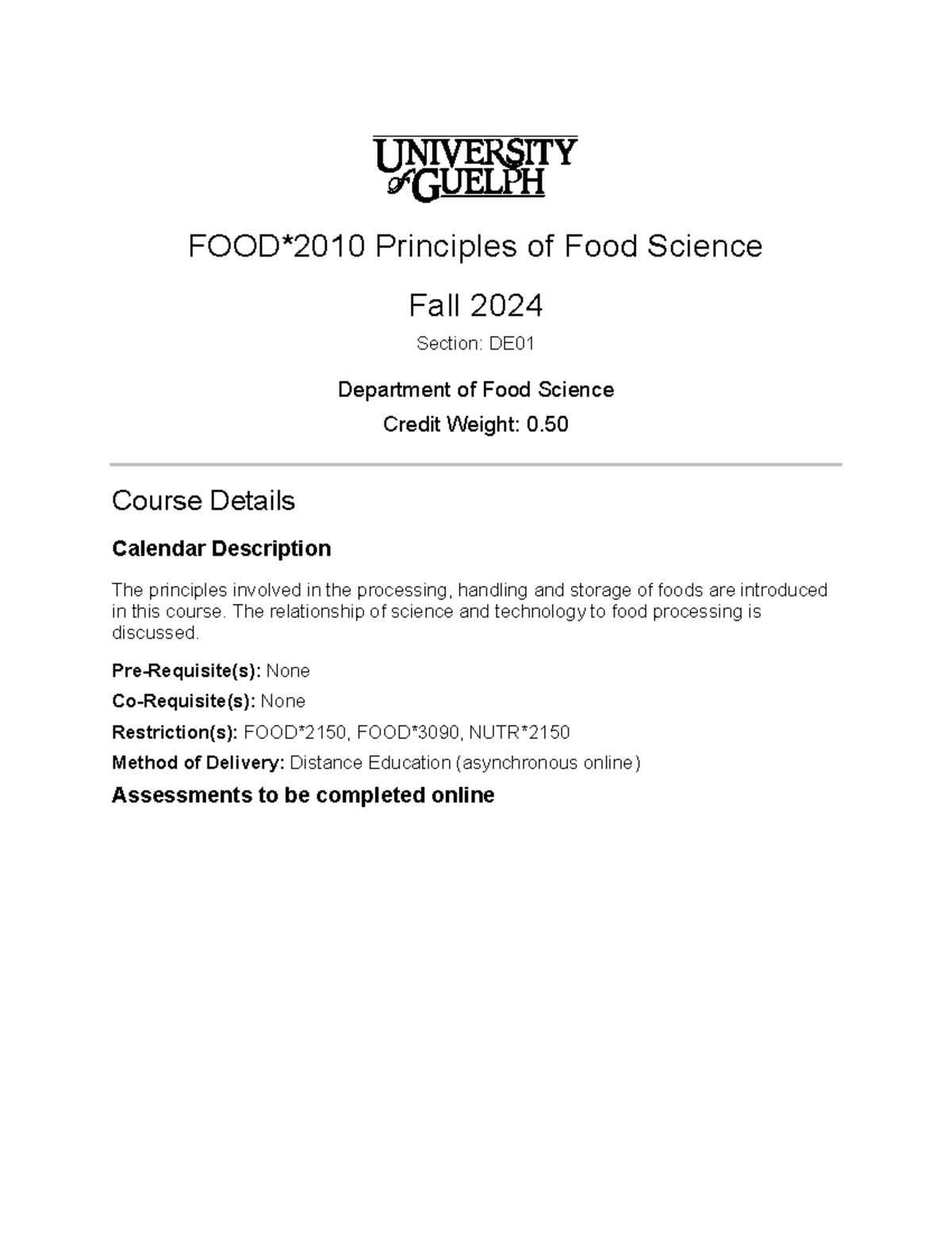 FOOD 2010 - F2024 - Principles of Food Science Course Outline - Studocu