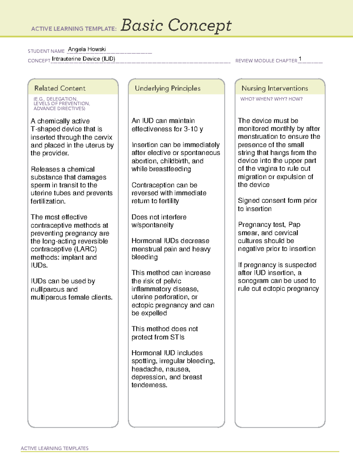 IUD Remediation Template: Nursing Interventions & Considerations - Studocu