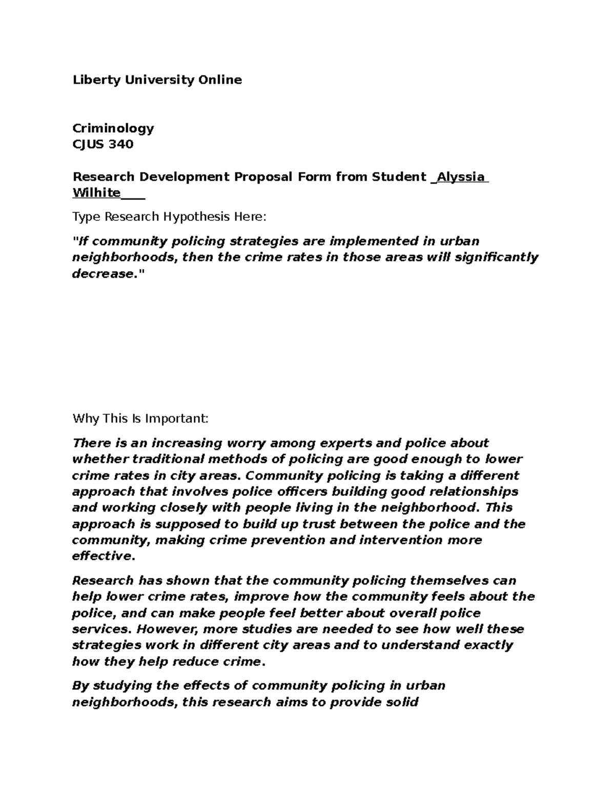 CJUS 340 Research Paper - Community Policing Development Proposal - Studocu