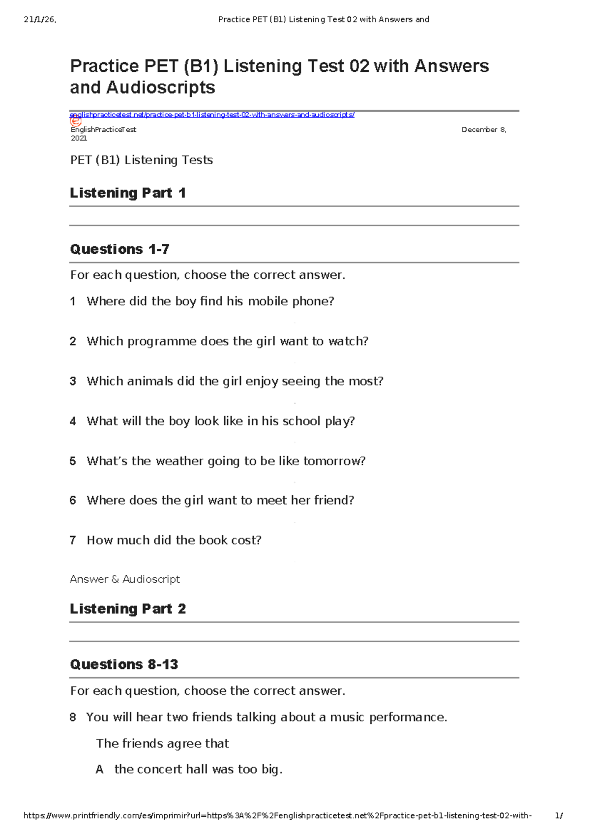 Practice PET (B1) Listening Test 02: Answers & Audioscripts - Studocu