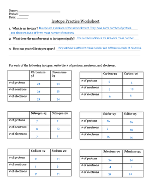 Ion and Isotopes Practice Answer KEY - Reminders: 1. In a neutral atom ...