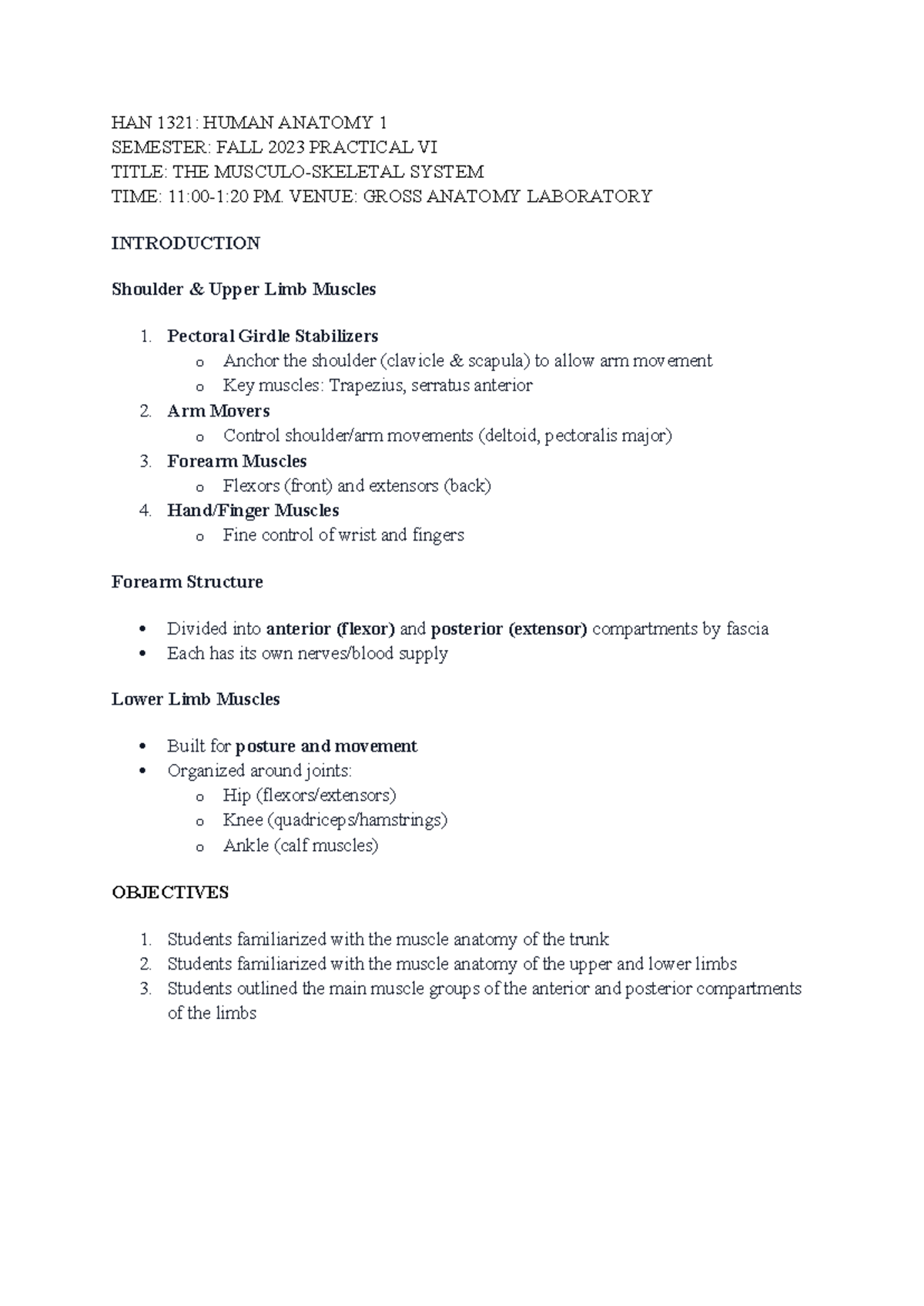 HAN 1321: Human Anatomy 1 - Practical 7 Report on Muscle Anatomy - Studocu