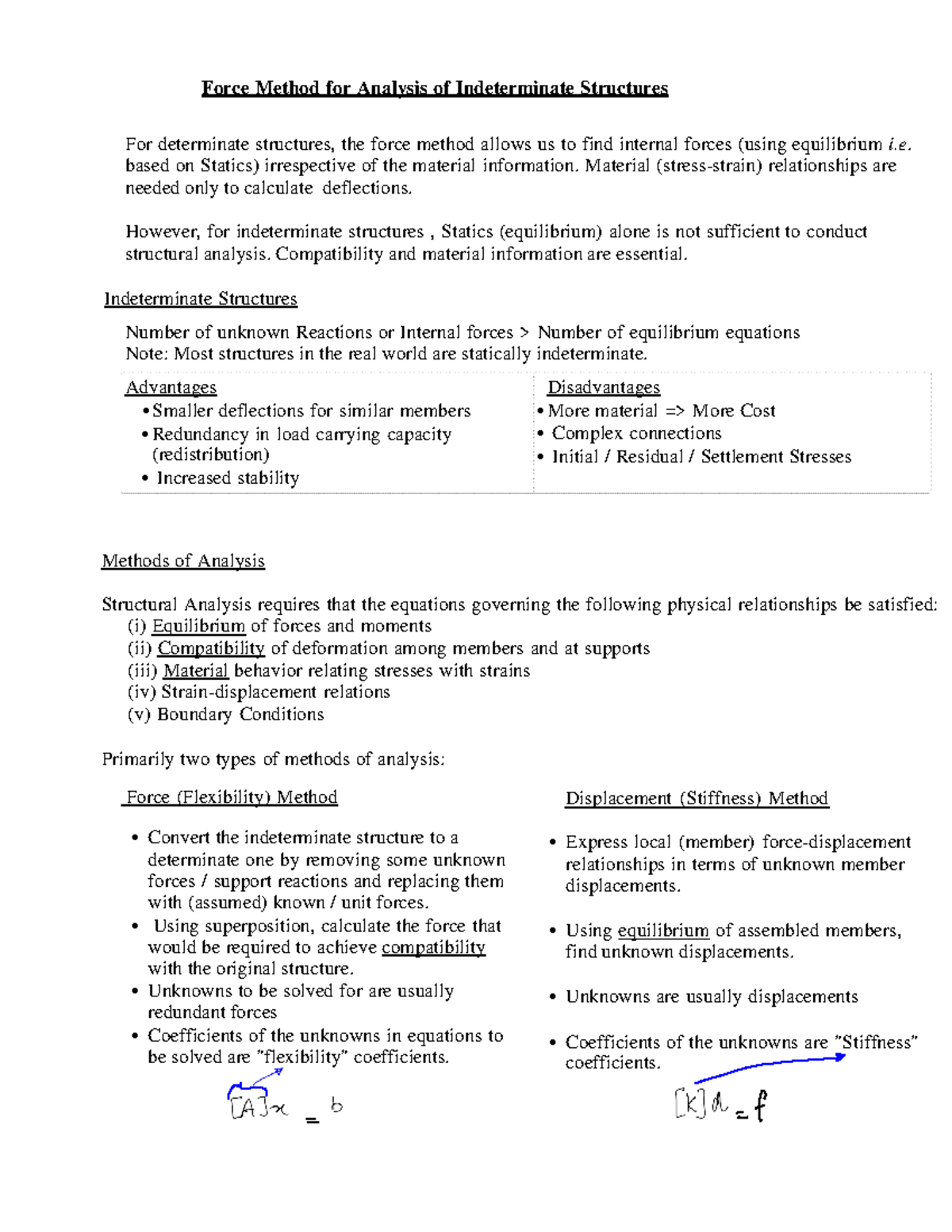 Lecture Notes on Force Method for Indeterminate Structures (CE345 ...