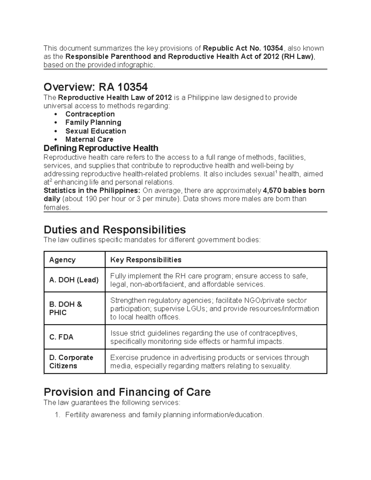 RA 10354: Overview of the Responsible Parenthood and RH Law - Studocu