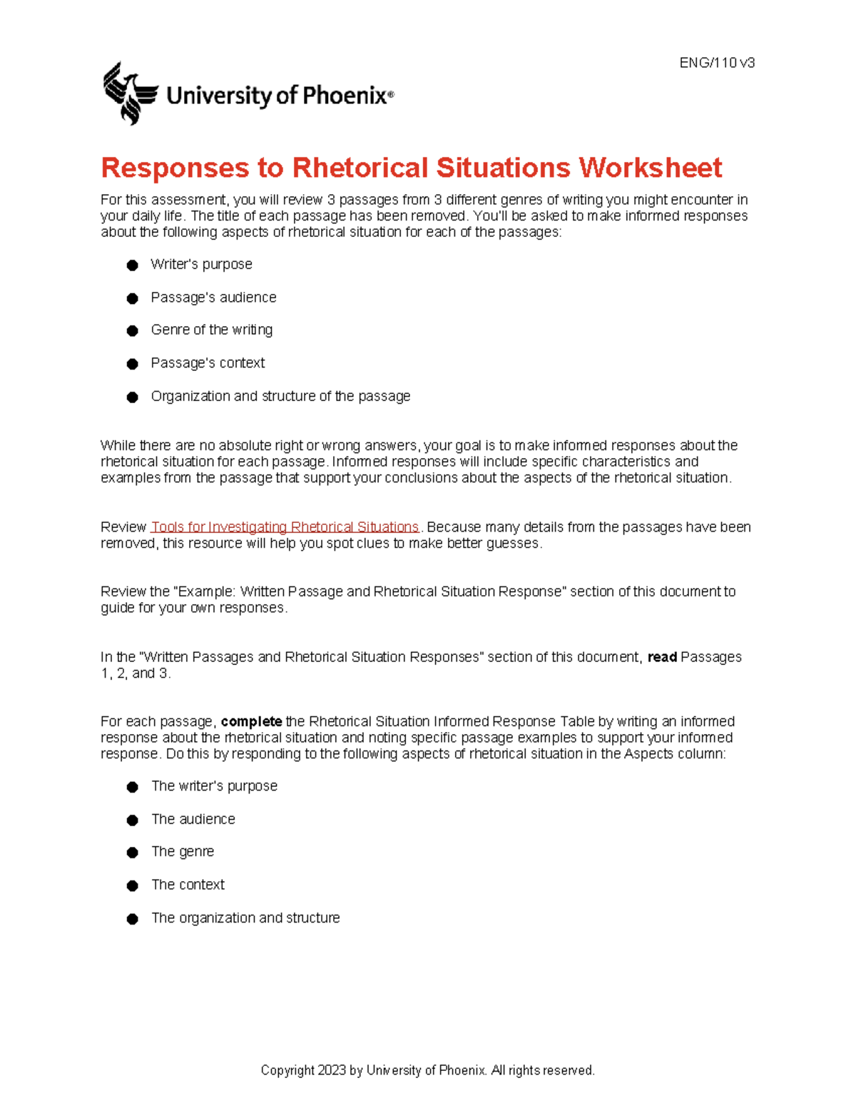 ENG 110 v3 Week 2 Responses to Rhetorical Situations Worksheet - Studocu