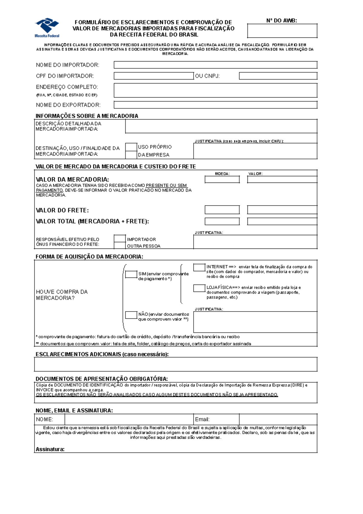 Formulario Receita Federal - Esclarecimentos Sobre Valor de Mercadorias ...