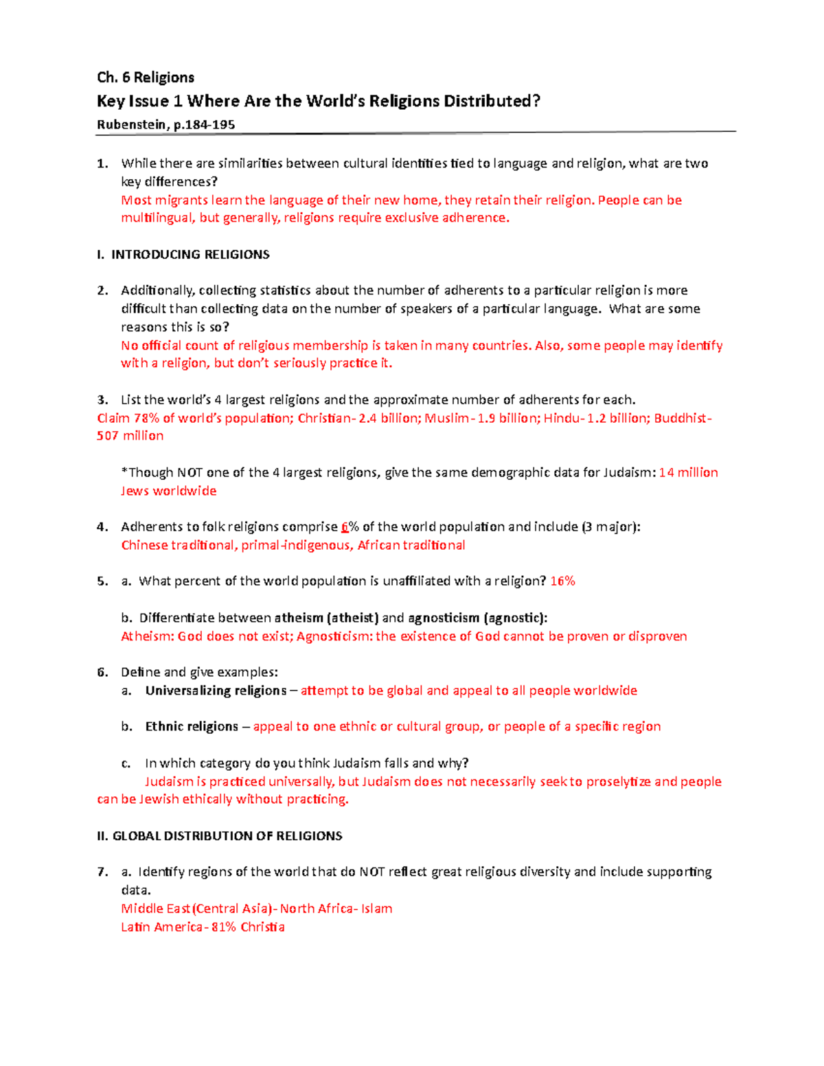 Chapter 6.1 AP Human Geography - Ch. 6 Religions Key Issue 1 Where Are ...