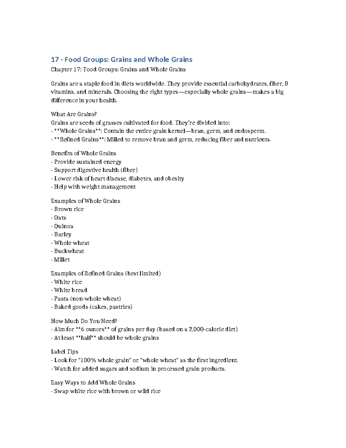 17 - Food Groups: Grains and Whole Grains Overview and Benefits - Studocu