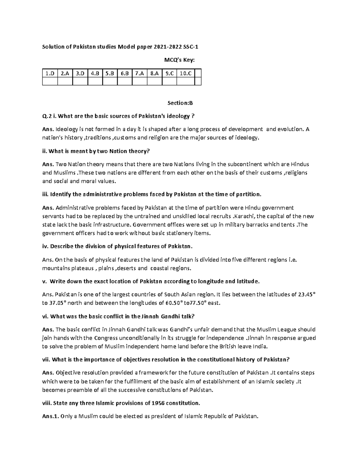 Pakistan Studies SSC-I Model Paper Solutions 2021-22 - Studocu