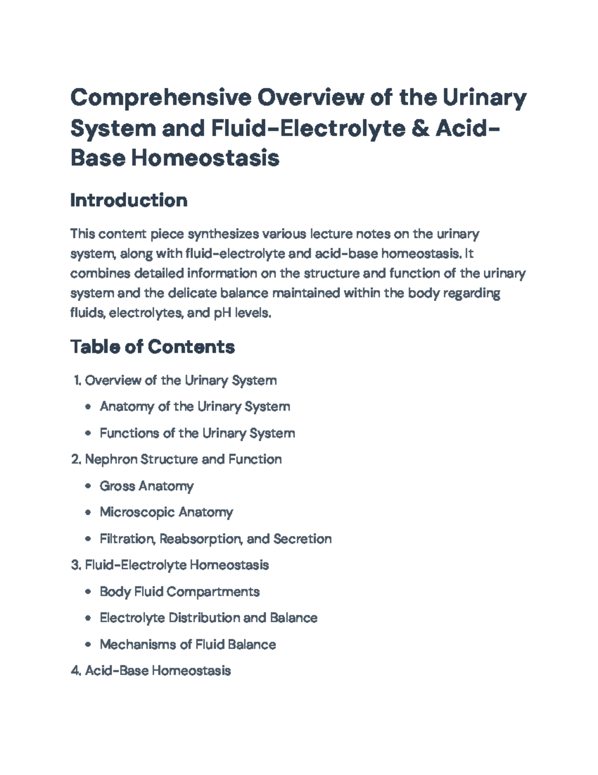 Urinary System & Fluid-Electrolyte Homeostasis Overview (BIO101 ...