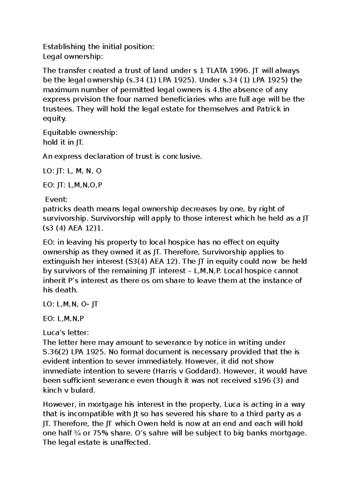 Co-ownership Notes: Legal Ownership & Trusts under TLATA 1996 - Studocu