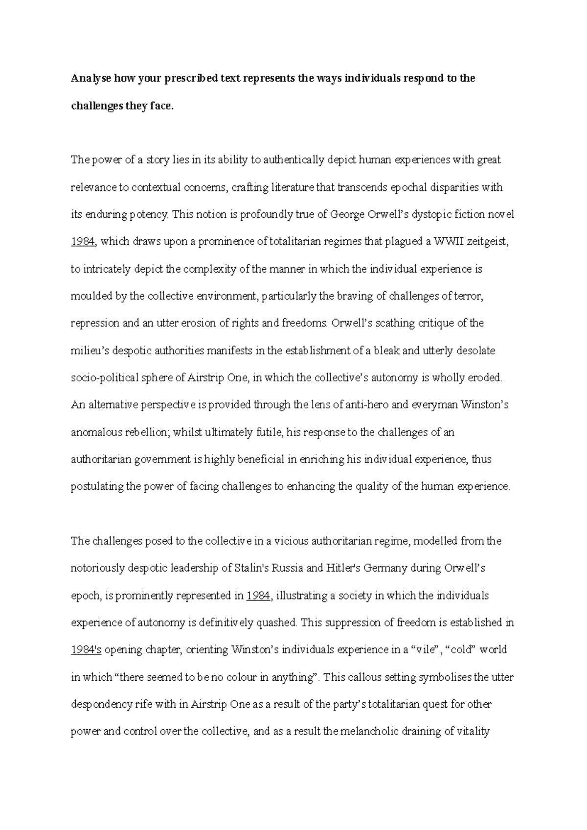 Advanced English Mod: 1984 HSC Practice Essay on Individual Responses ...