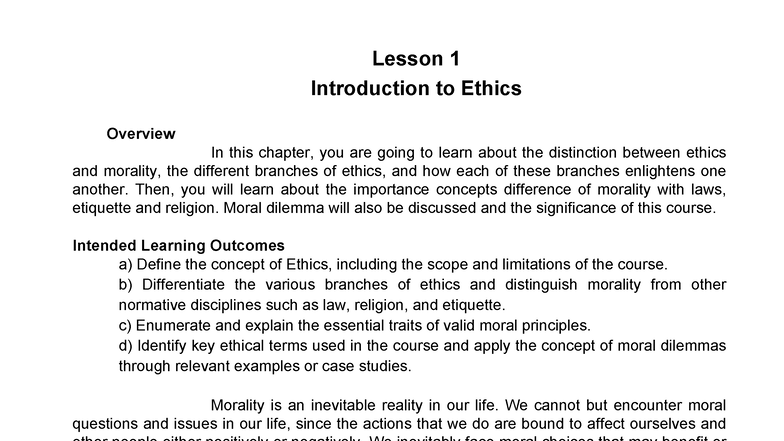Lesson 1: Introduction to Ethics - Key Concepts and Moral Dilemmas ...