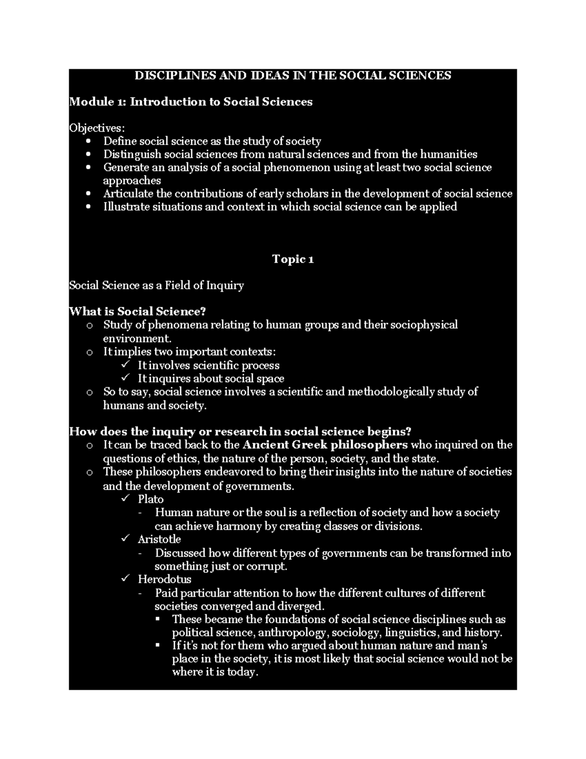 Module 1 Introduction to Social Science - DISCIPLINES AND IDEAS IN THE ...