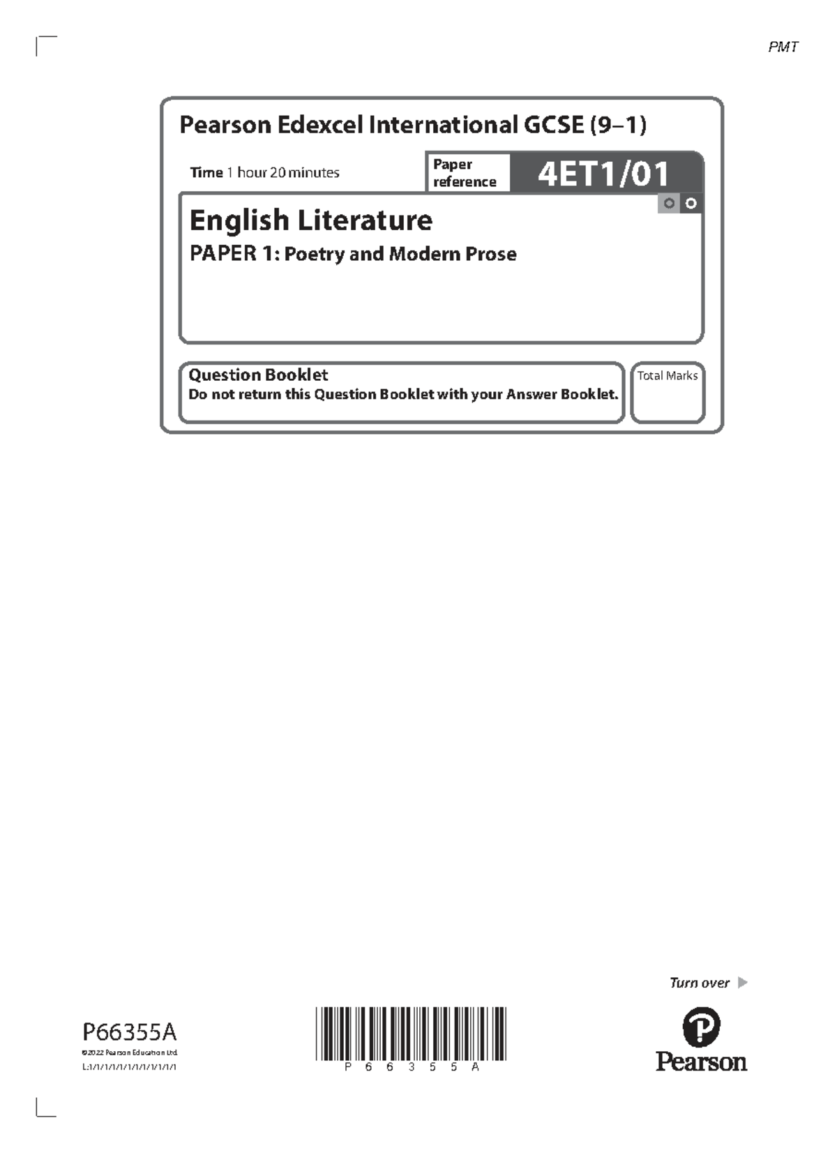 English Literature IGCSE (PMT) - January 2022 Poetry & Prose Exam Paper ...